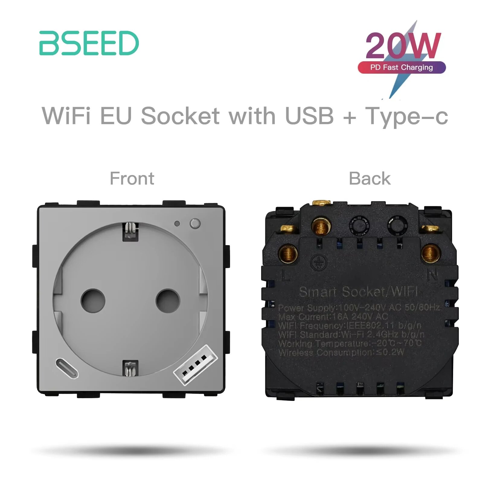 BSEED WIFI Switches Module Glass Panel Black USB C Phone Charge Socket Port Smart Touch Switches Function Key EU Sockets Parts