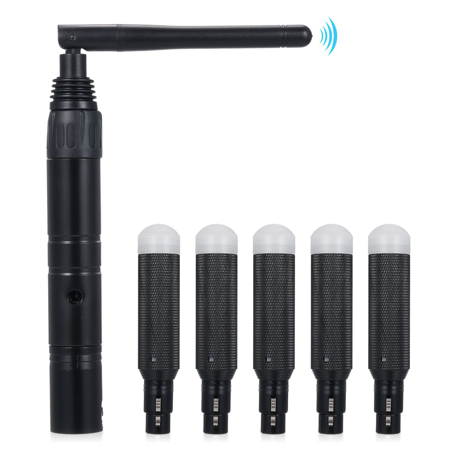DMX512 2.4G ISM Wireless Transmitter + Receivers с встроенными заряжаемыми батарейками, черный, серебристый, 3 адаптера (опционально), 2 типа: 1 передатчик + 3 приемника, 1 передатчик + 5 приемника, 3-контактный разъем female, передача на 800 м видимое