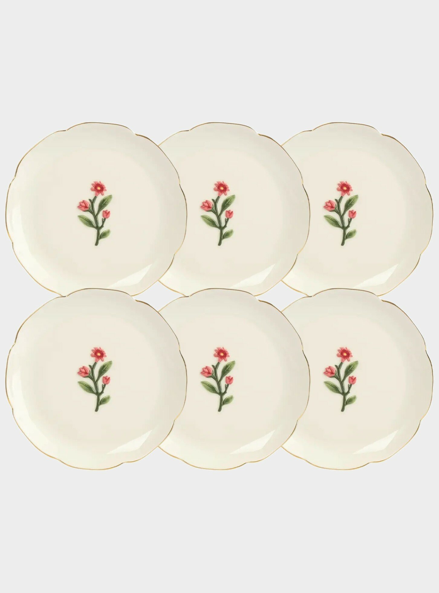 Набор 6 тарелок десертных, 17 см, керамика, молочная, с золотистым кантом, Фиолетовые цветы, Gentle flower (Anna Lafarg)