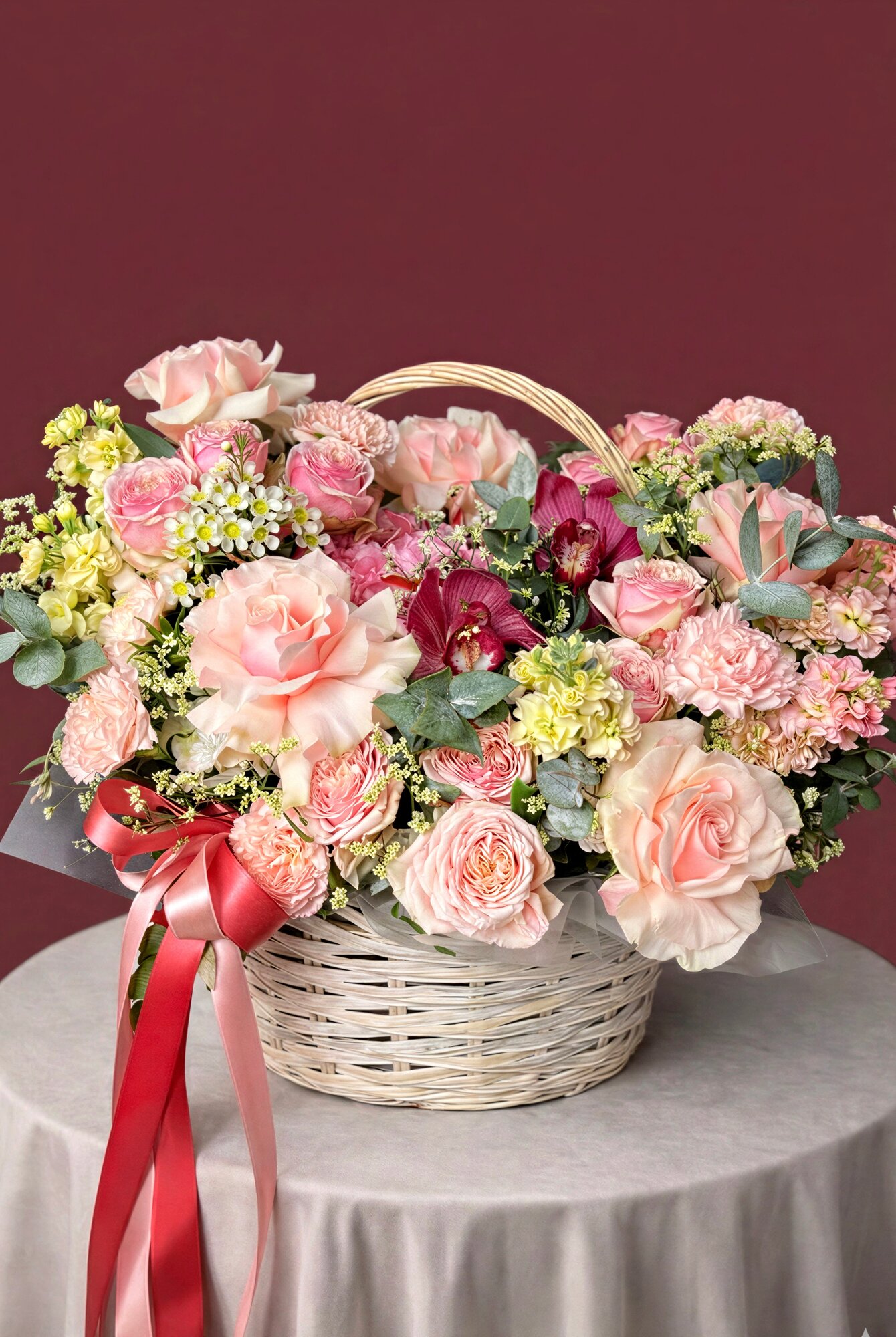 Корзина живых цветов "Королевский выбор" , с розами, орхидеями и гортензиями, в светло-бежевой гамме