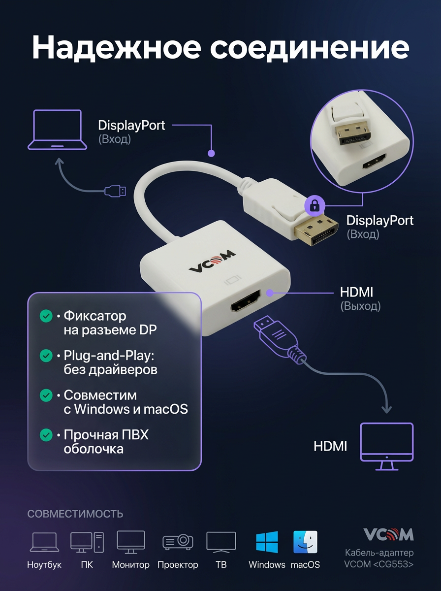 DisplayPort -> HDMI, Кабель-адаптер VCOM — фото 1
