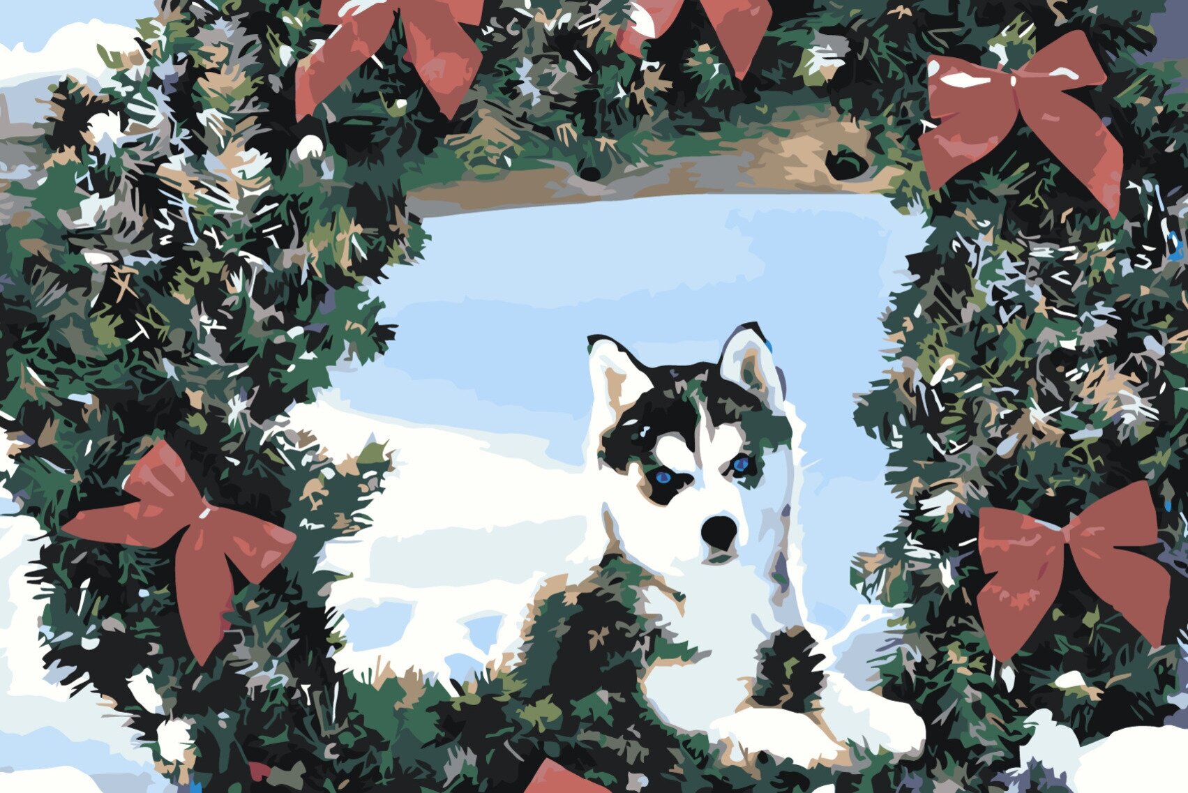 Картина по номерам Щенок Хаски и Рождество (арт. pz-1679)