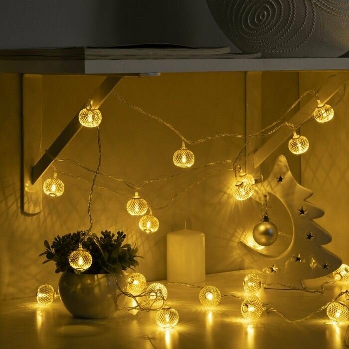 Гирлянда Нить 4 м с насадками Шарик сетка , IP20, прозрачная нить, 20 LED, свечение тёплое белое, 8 режимов, 220 В
