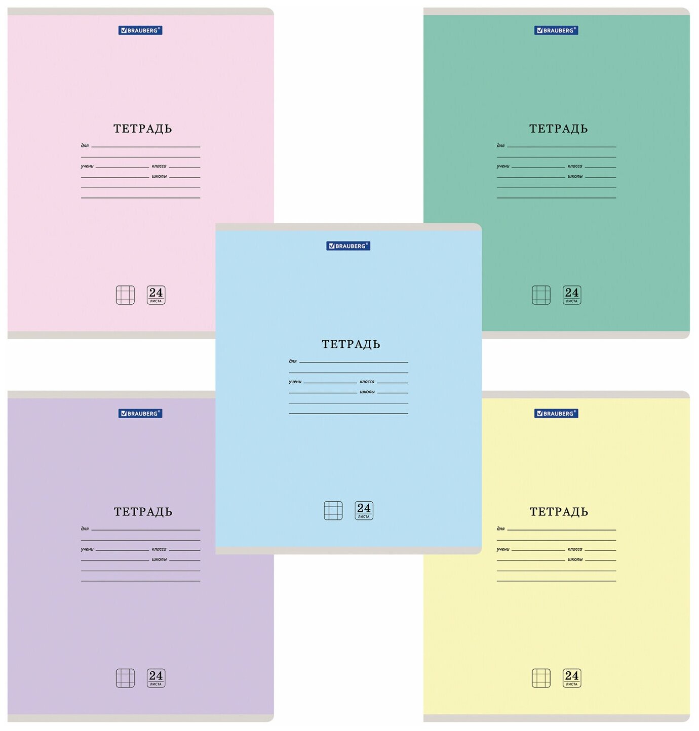 Тетрадь 24 л. BRAUBERG классика NEW клетка, обложка картон, ассорти (5 видов), 105702 (цена только за 1 шт.)