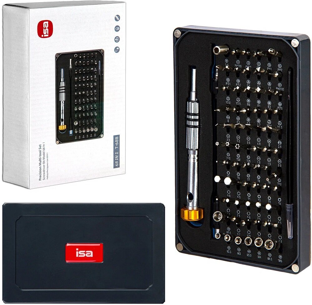 Набор инструментов 68 в 1 ISA T-68B, отвертка с набором насадок в кейсе, черный
