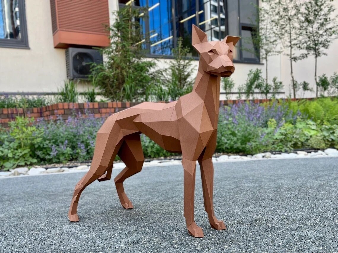 Полигональная фигура Собака Уиппет (whippet), геометрический полигональный металлический декор интерьера