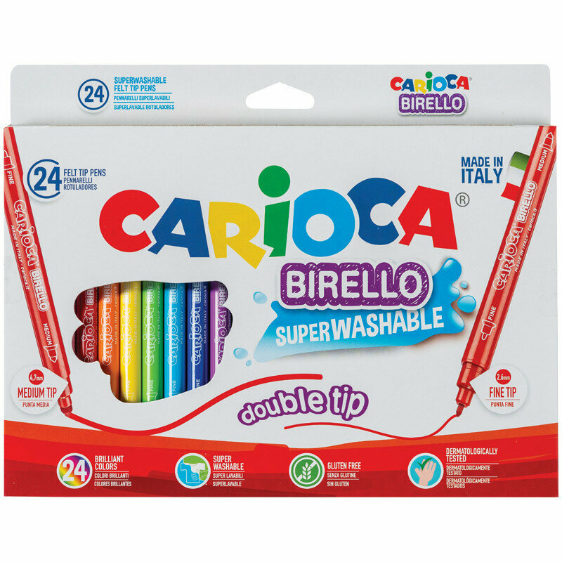 Фломастеры двусторонние Carioca "Birello", 24цв, 24шт, смываемые, картон, европодвес, 105675