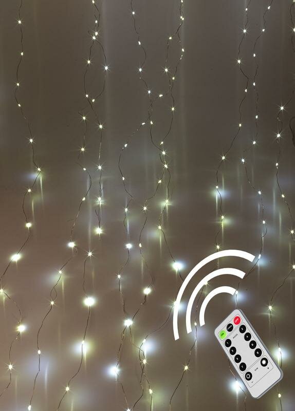 Гирлянда светодиодная "Дождь" 3х3м 300LED с крючками для крепления тепл. бел. 8 режимов мигания питание от USB 5В пульт ДУ космос KOC_CUR-U103