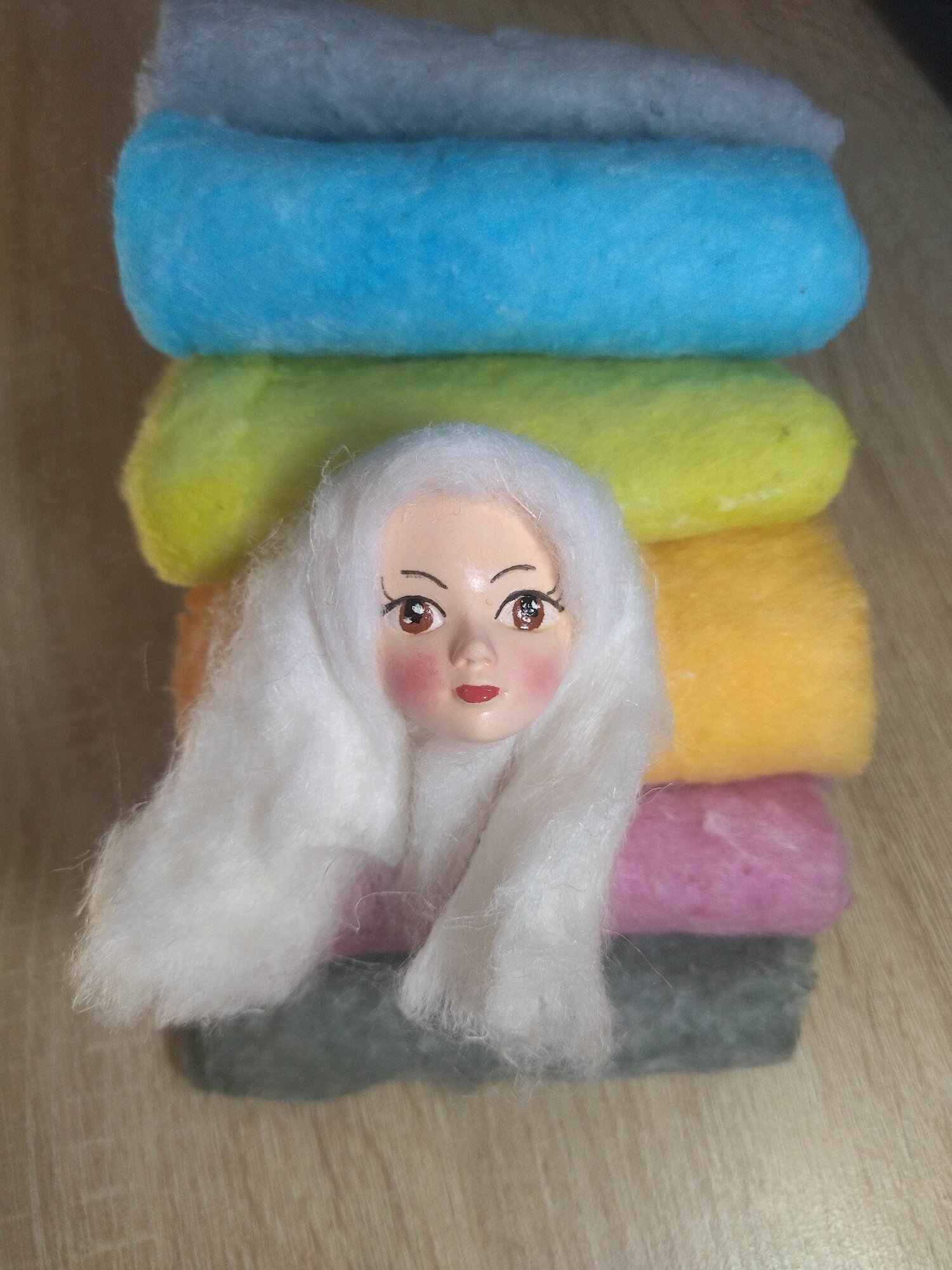 Набор: вата - 6 шт, цветная, окрашенная + личико - 1 шт, раскрашенное, для ватных игрушек, хлопок, 20 см * 9 см