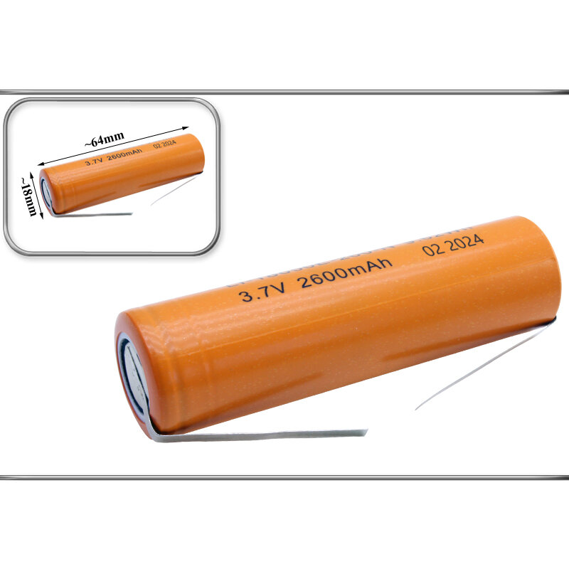 Аккумуляторная батарея типа 18650 (ICR18650),18mm x 65mm,2600mAh, с пластинами для монтажа, пайки, max. ток разряда - 5A