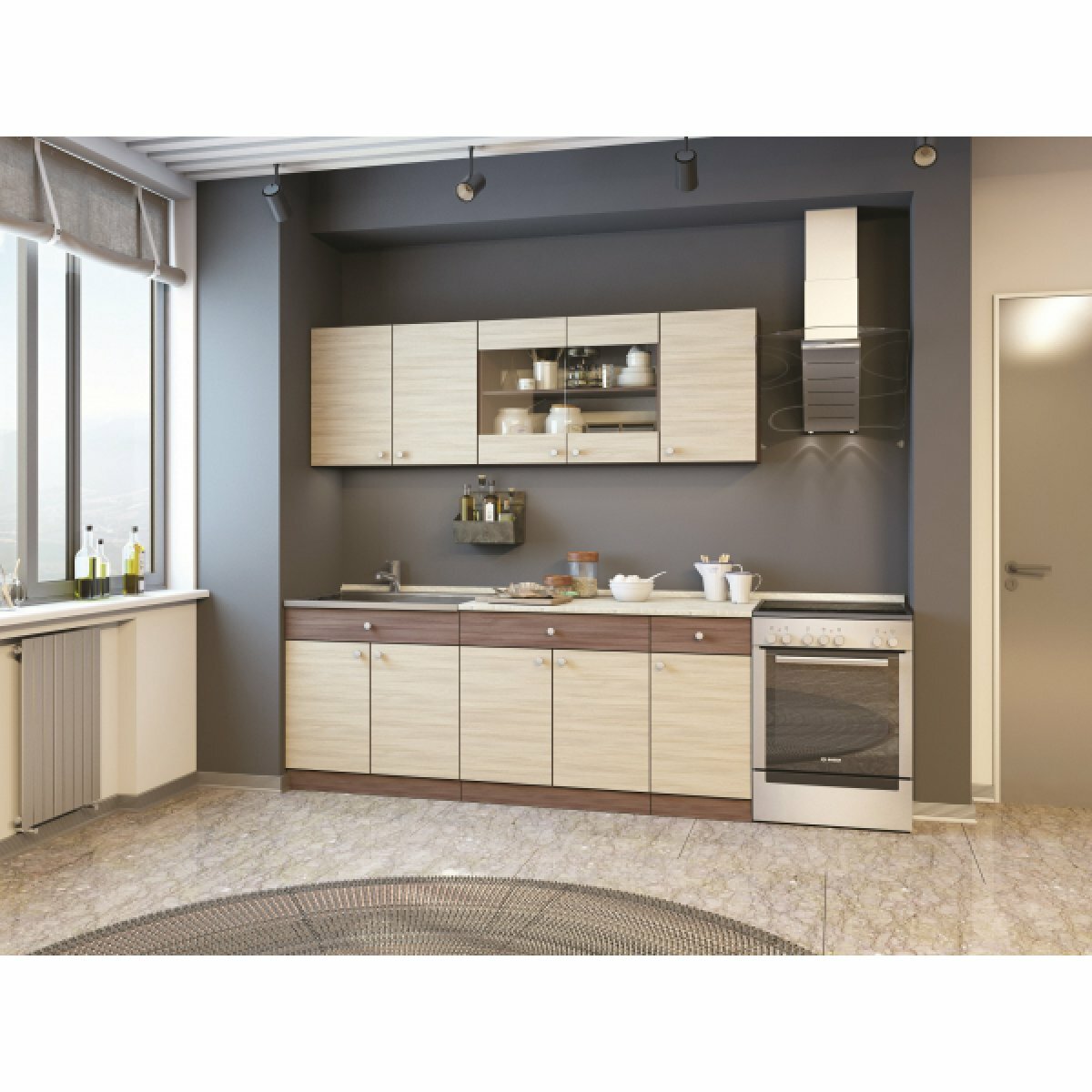 Модульная кухня " Шимо " 2,0 метра цвет фасадов ясень темный / ясень светлый , ЛДСП, МДФ