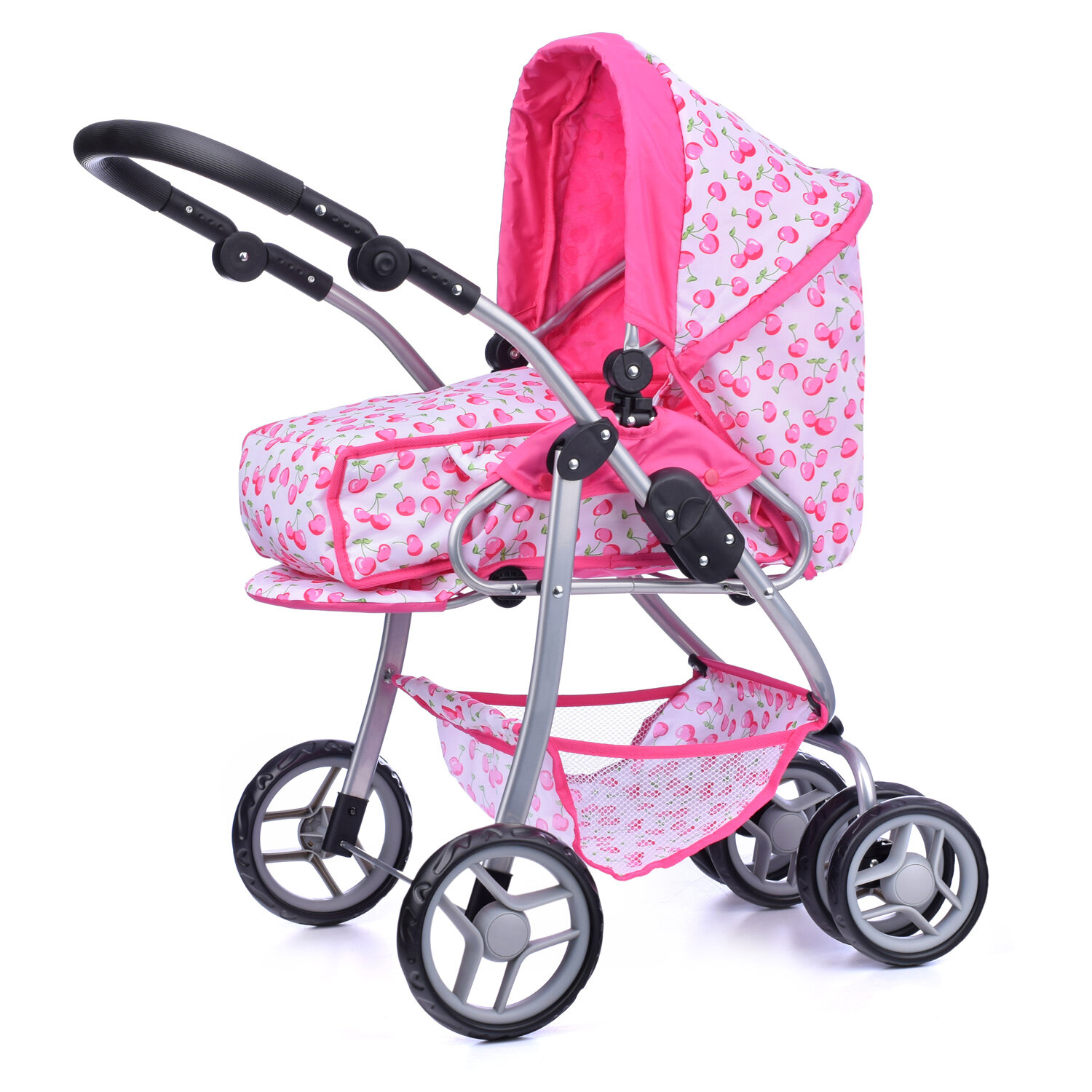 Коляска 9661 зима-лето для кукол, металлическая, с люлькой-переноской, с корзиной, цвет вишенка