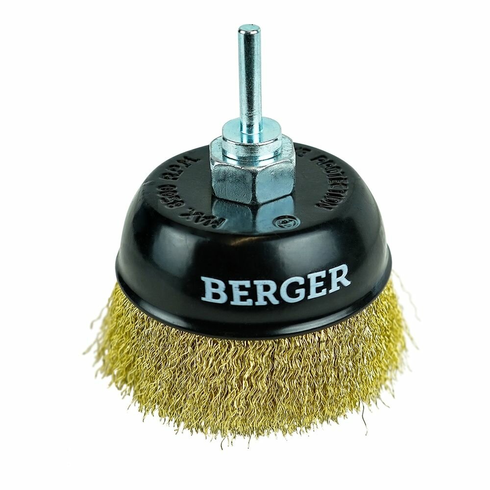 Кордщётка чашеобразная BERGER BG1741, латунированная сталь 0.3 мм, диаметр 100 мм, гайка М14 + хвостовик 6 мм