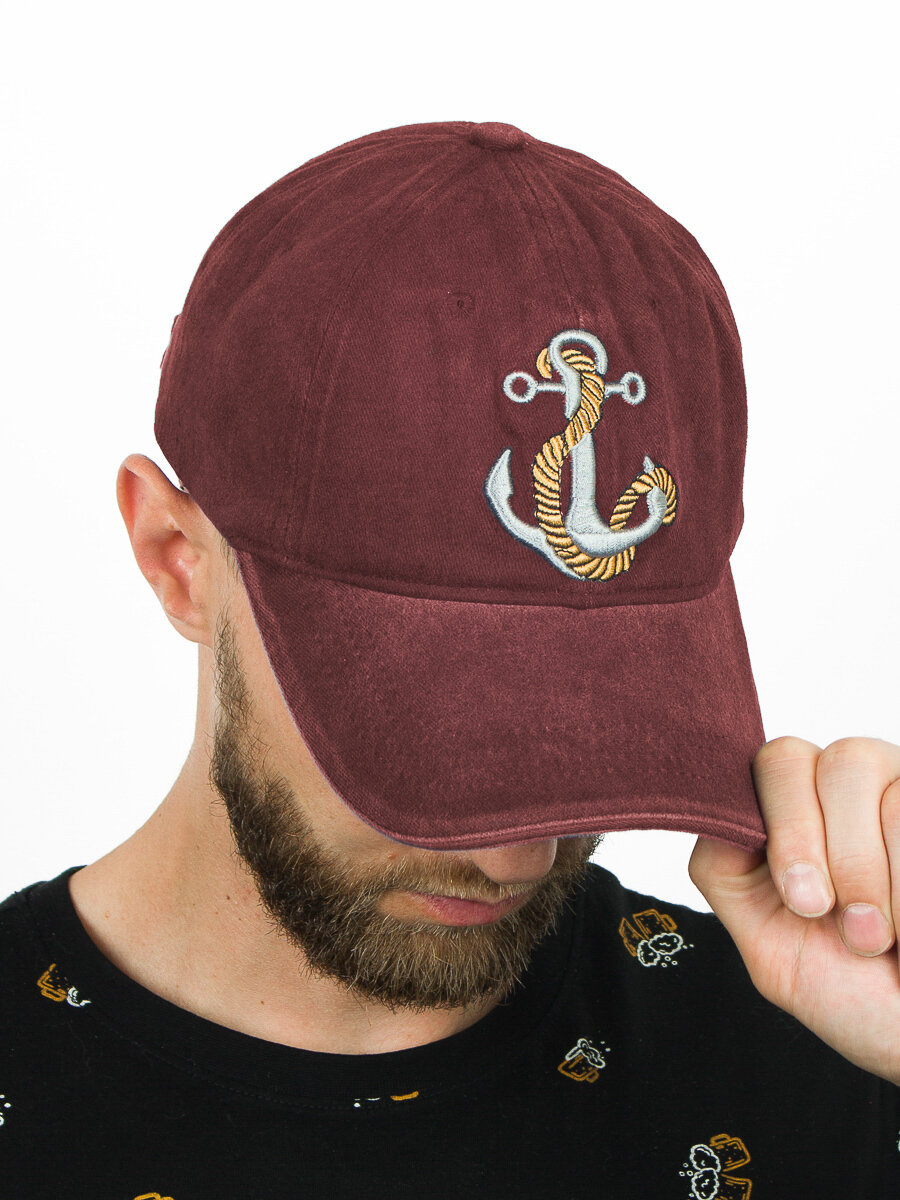 Бейсболка Kamukamu Капитанская бейсболка с якорем потертая джинсовая цвет вишневый для мужчин