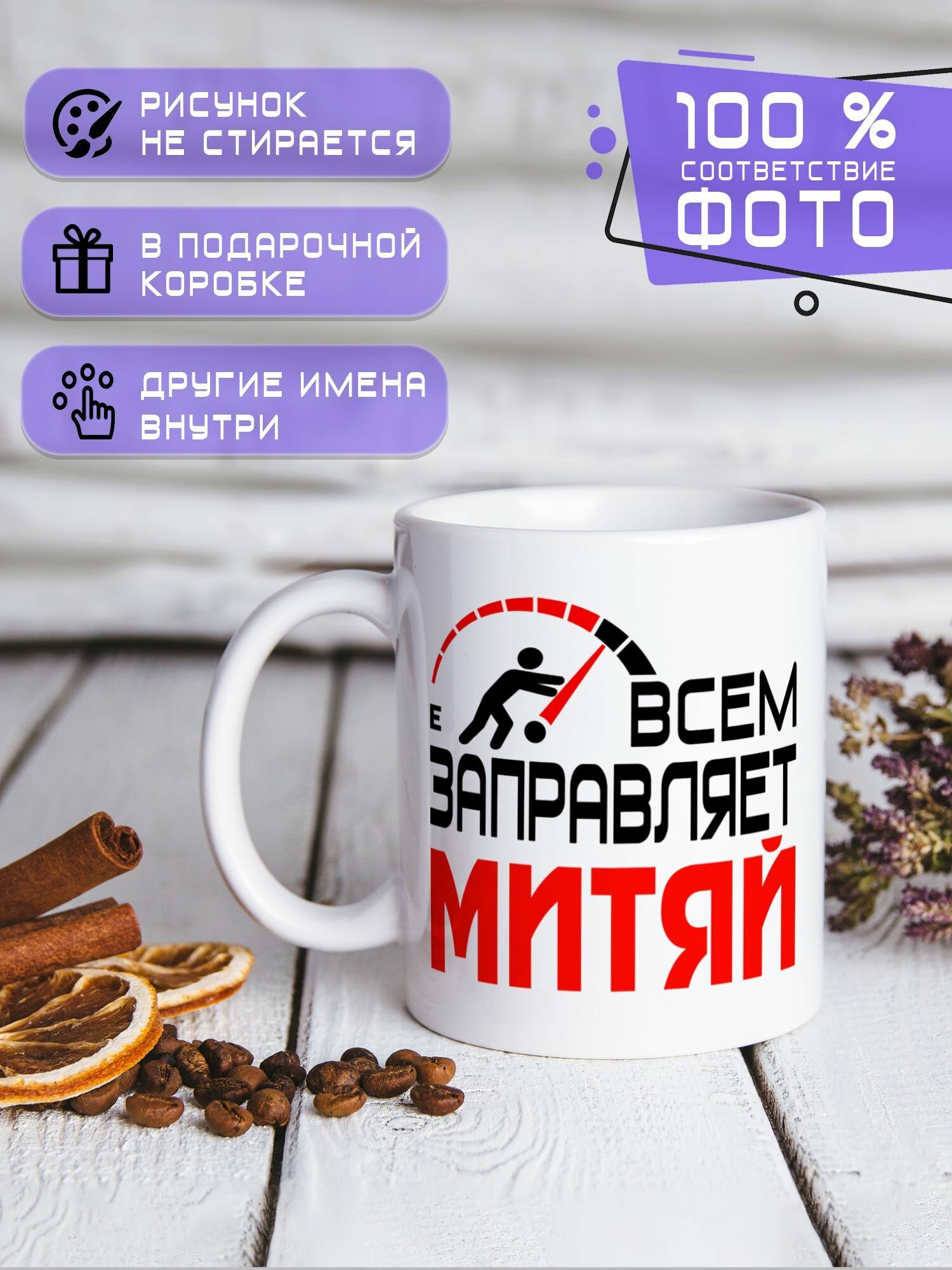 Кружка керамическая подарок на день рождения, именная с принтом "Всем заправляет Митяй"