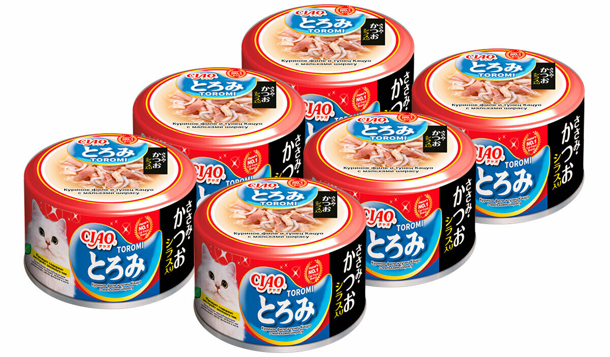 INABA CIAO TOROMI для взр кошек с куриным филе, тунцом Кацуо и мальками ширасу в бульоне банка 80 гр 80 гр х 6 шт