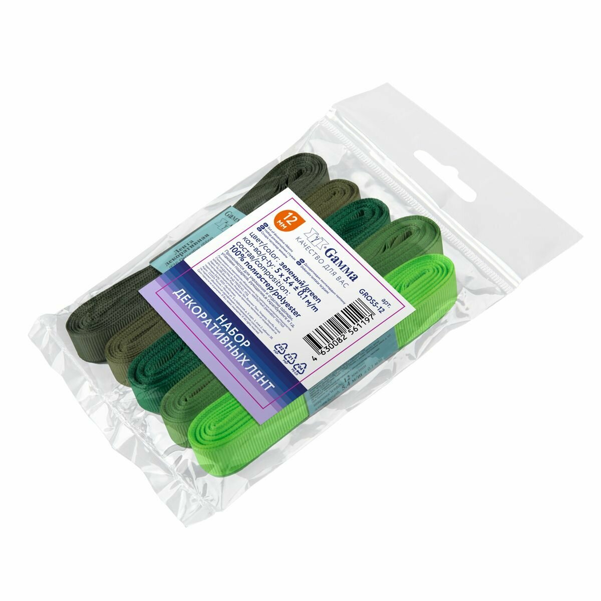 Набор репсовая лента 12 мм 5 шт 5.4 м "Gamma" GROS5-12 зеленый