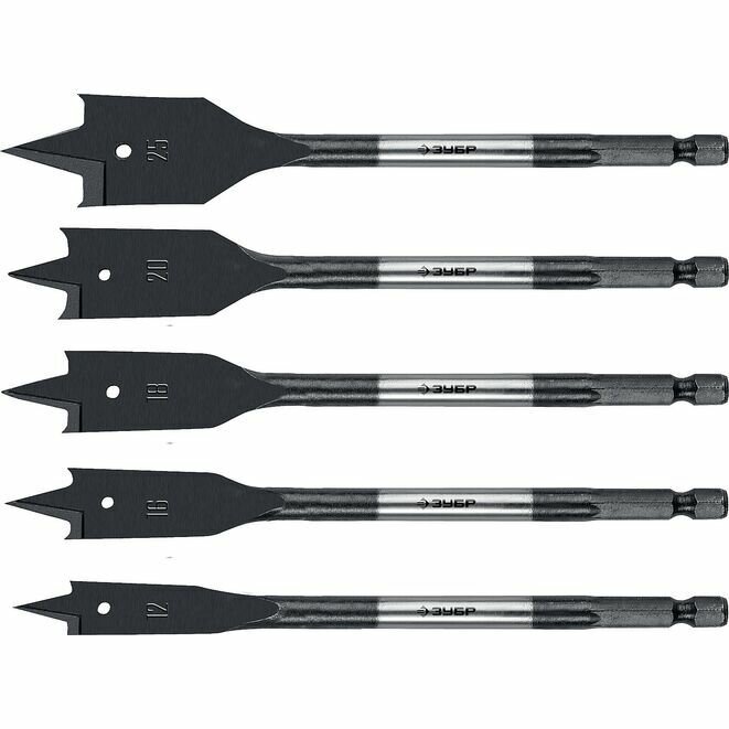 Набор перовых сверл по дереву с боковыми подрезателями Мастер, ЗУБР 5 шт, 12-16-18-20-25 мм, хвостовик HEX 1/4"