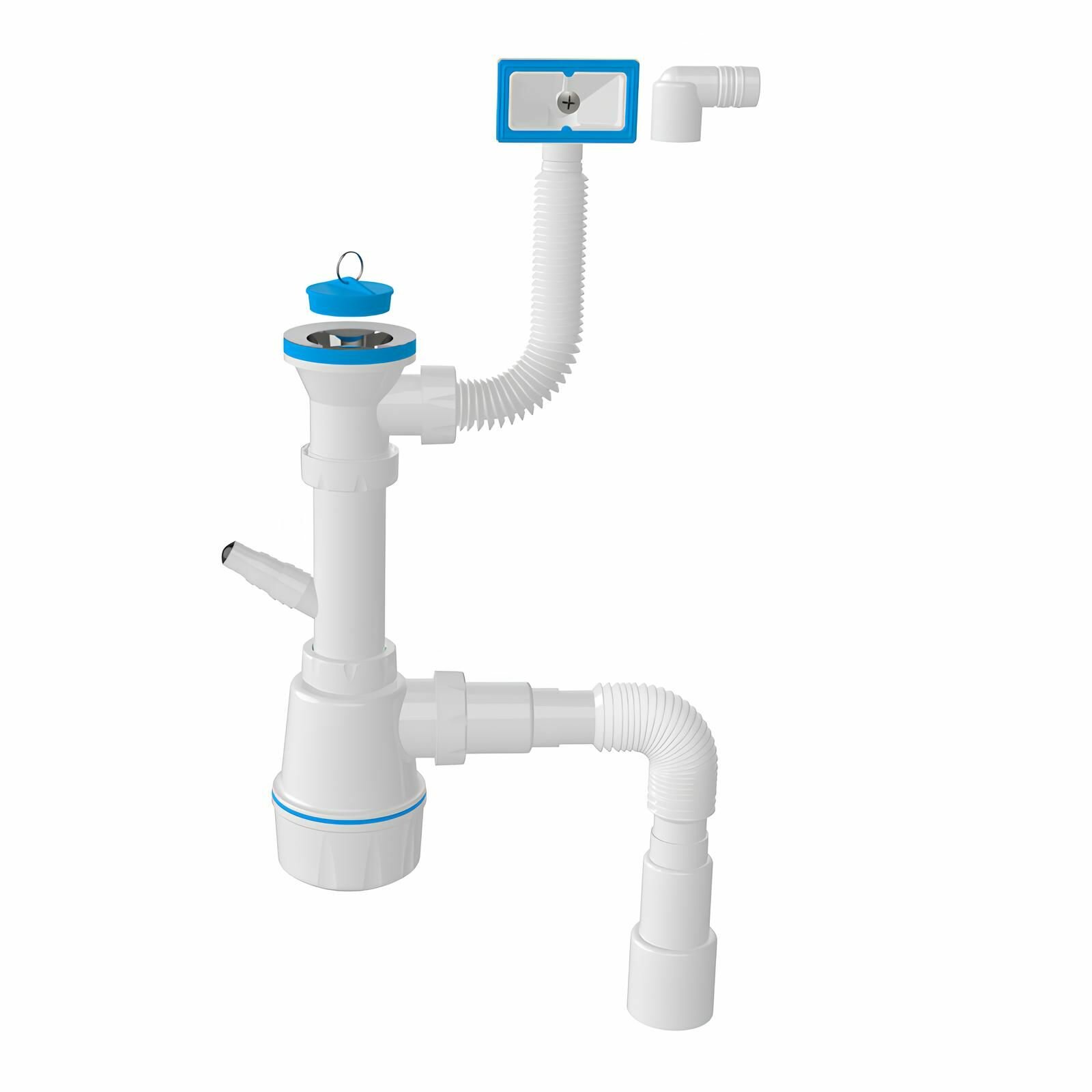 Сифон для мойки с разборным выпуском, с переливом, с выходом под стиральную машину