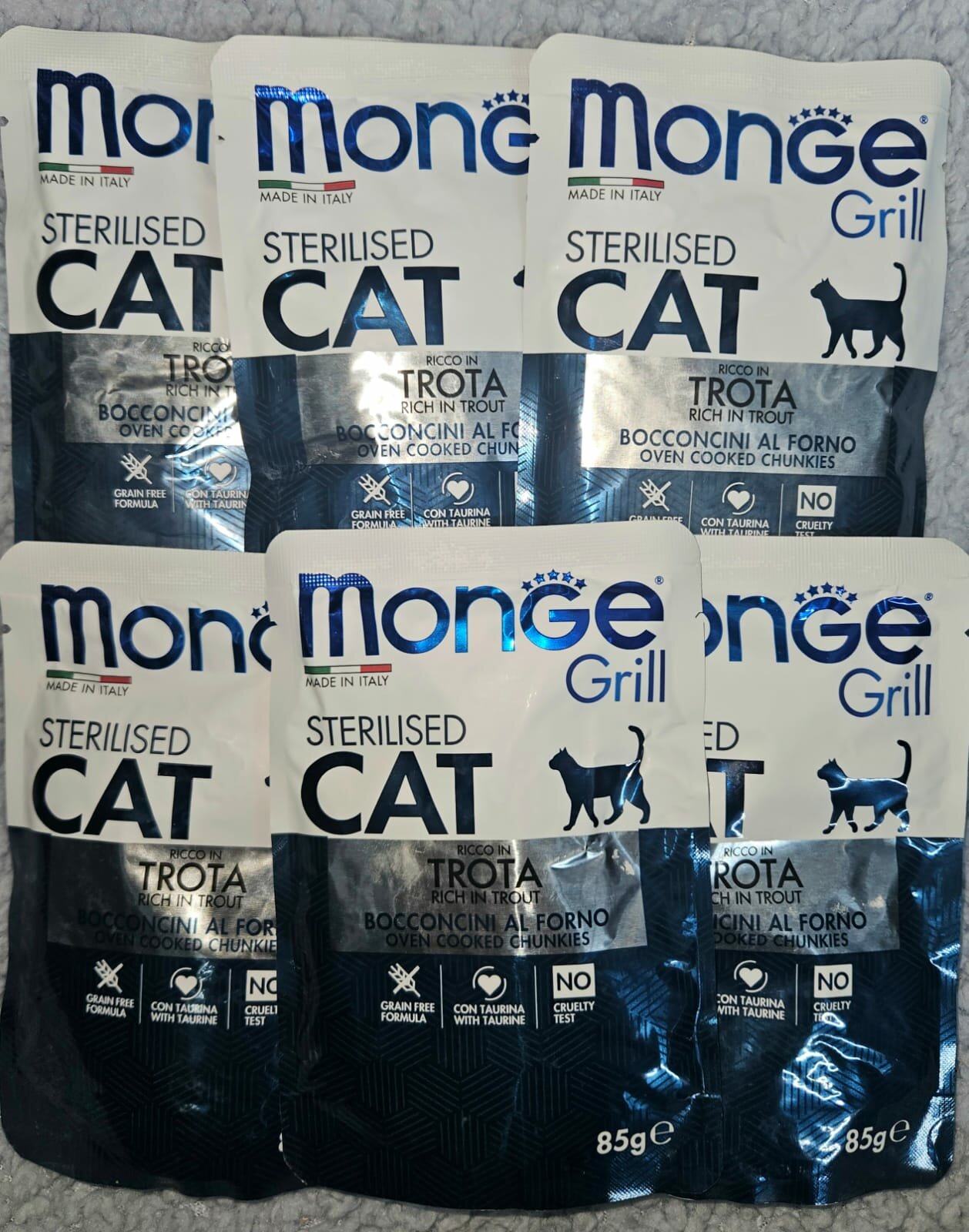 Влажный корм Monge Cat Grill Trota Sterilised, для стерилизованных кошек, форель, 6шт по 85 г