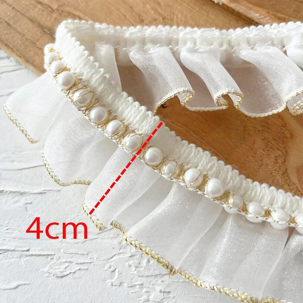 Плиссированная кружевная ткань с бисером 2см Ruffled Pearl Lace