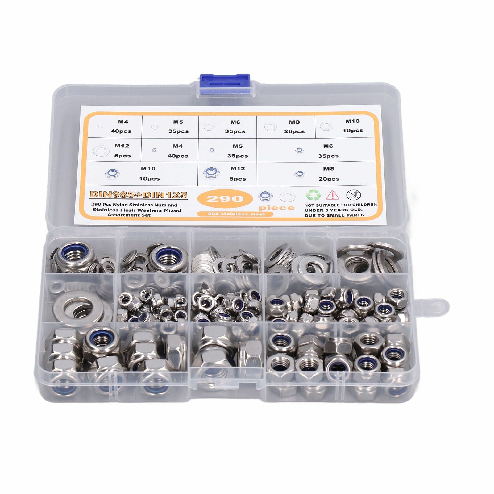 290 шт набор самоконтрящих гаек и шайб из нержавейки 304 М4-М12
