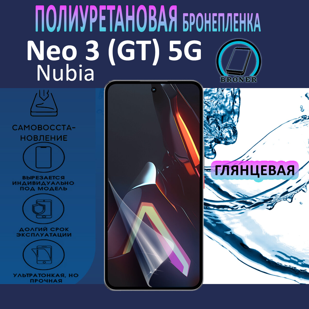 Полиуретановая бронепленка для Nubia Neo 3 (GT) 5G / 2 штуки / Защитная плёнка на экран, совместима с чехлом, с вырезом под камеру / Глянцевая