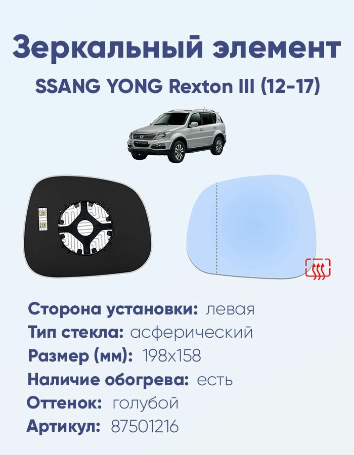 Зеркальный элемент левый SSANG YONG Rexton III (12-17) асферика голубой с обогревом