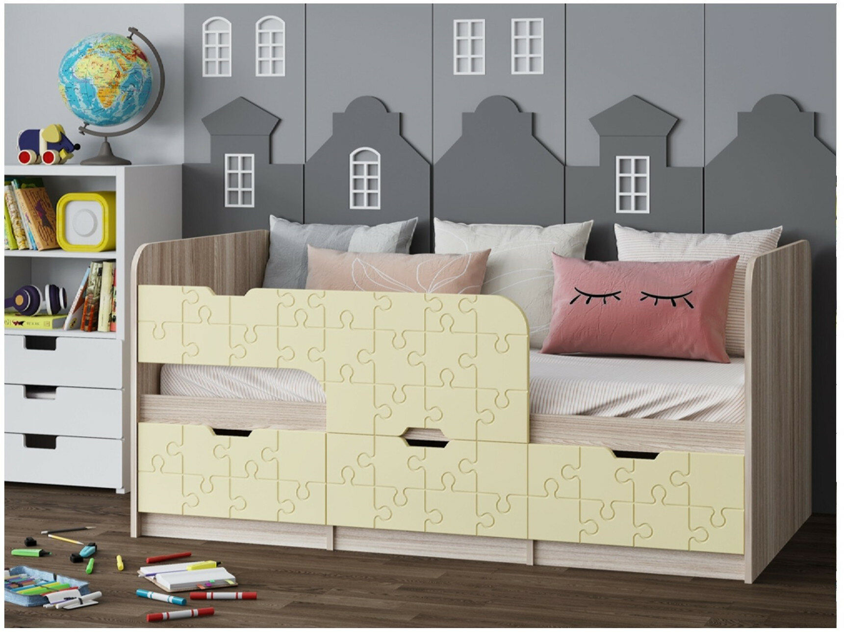 Детская кровать 800х1600 мм, (Ваниль матовая, Ясень шимо светлый)