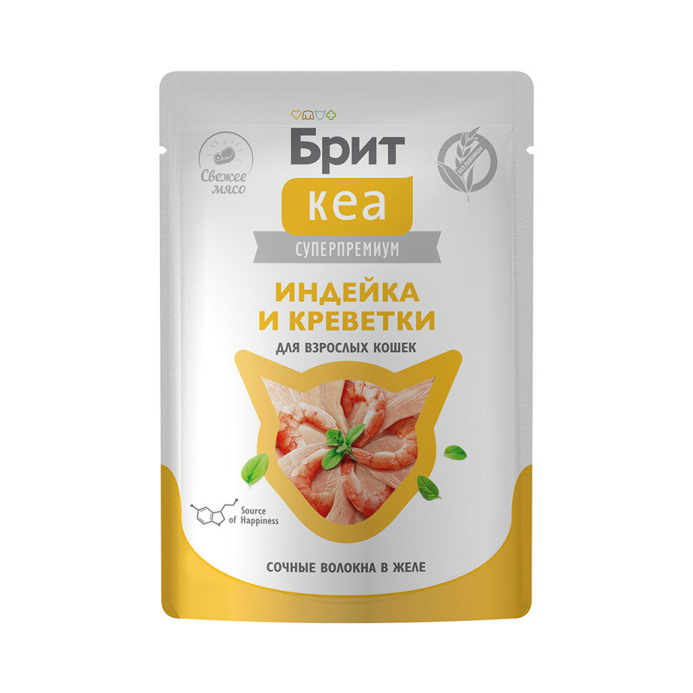 Влажный корм для кошек Брит Кеа дополнительный корм с индейкой и креветками, волокна в желе, в паучах - 75 г х 12 шт