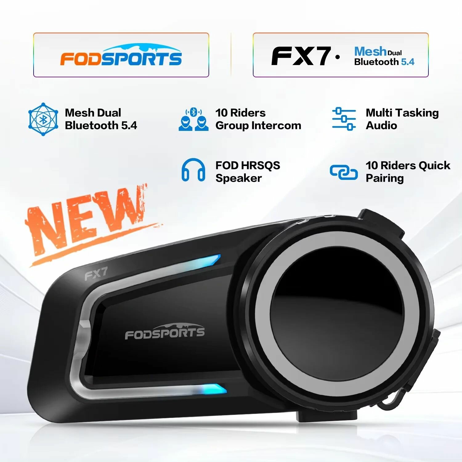 Fodsports FX7 Bluetooth-гарнитура для мотоциклетного шлема, мотоциклетная сетка гарнитура ,10 всадника, 2000 м, Bluetooth 5.4