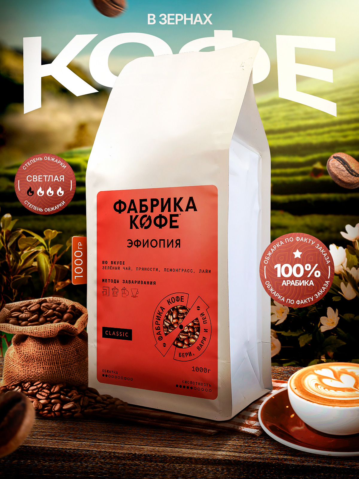 Кофе Фабрика Кофе "Эфиопия Сидамо", арабика, 100%, светлая обжарка, 1 кг