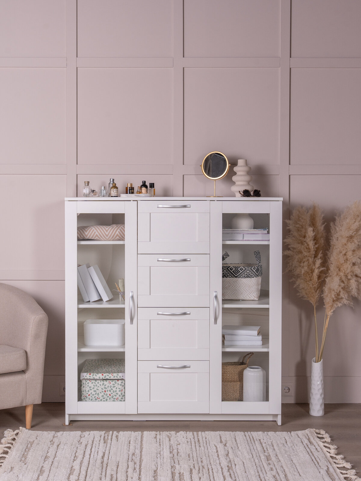 Тумба ГУД лакк Сириус, 2 двери со стеклом и 4 ящика, 117х41х123 см, белая