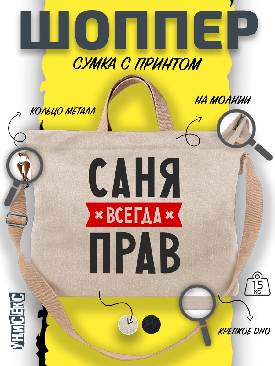 Сумка  шоппер y2k через плечо с именем Александр Саша всегда прав