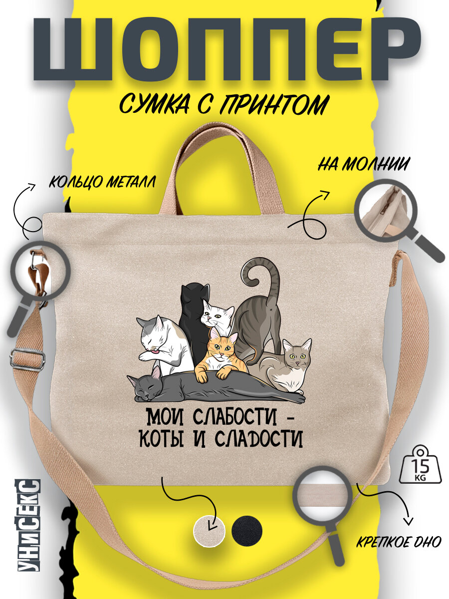 Сумка  шоппер y2k через плечо мем с котиками