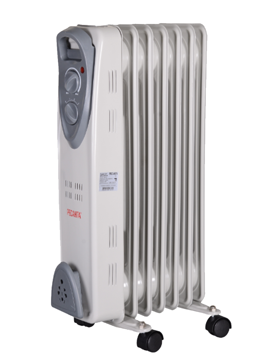 Масляный радиатор Ресанта ОМ-7Н, 1,5 кВт, 20 м², колеса в комплекте, белый