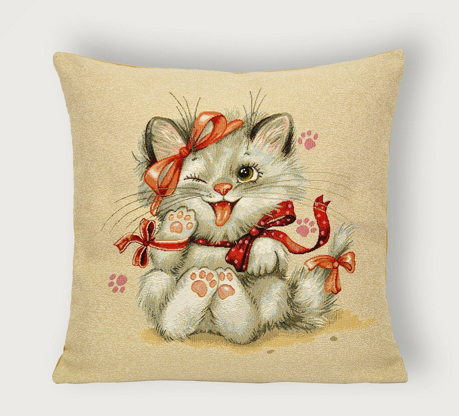 Наволочка Декоративная Гобеленовая 45х45 "Котёнок в бантиках" на молнии, для Интерьера