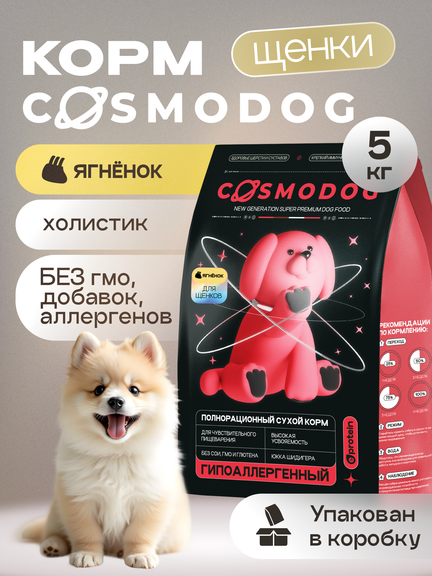 Сухой корм для щенков мелких и крупных пород Cosmodog 5 кг гипоаллергенный холистик с ягненком премиум класса