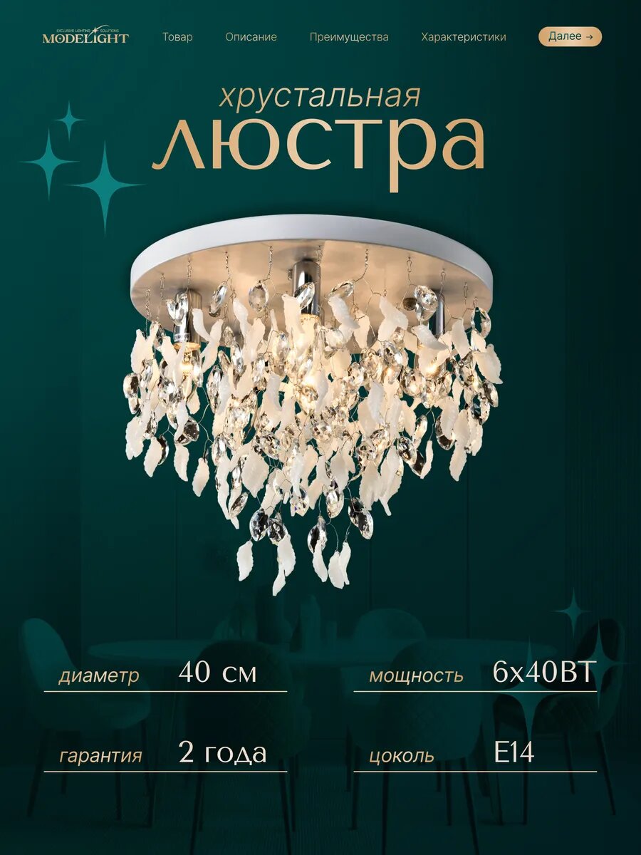 Люстра хрустальная, потолочная для всех видов потолков, белый