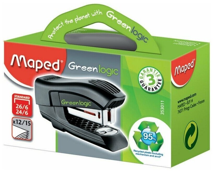 Степлер 12/15 листов MAPED GREENLOGIC мини 24/6 и 26/6, черный, короб с подвесом