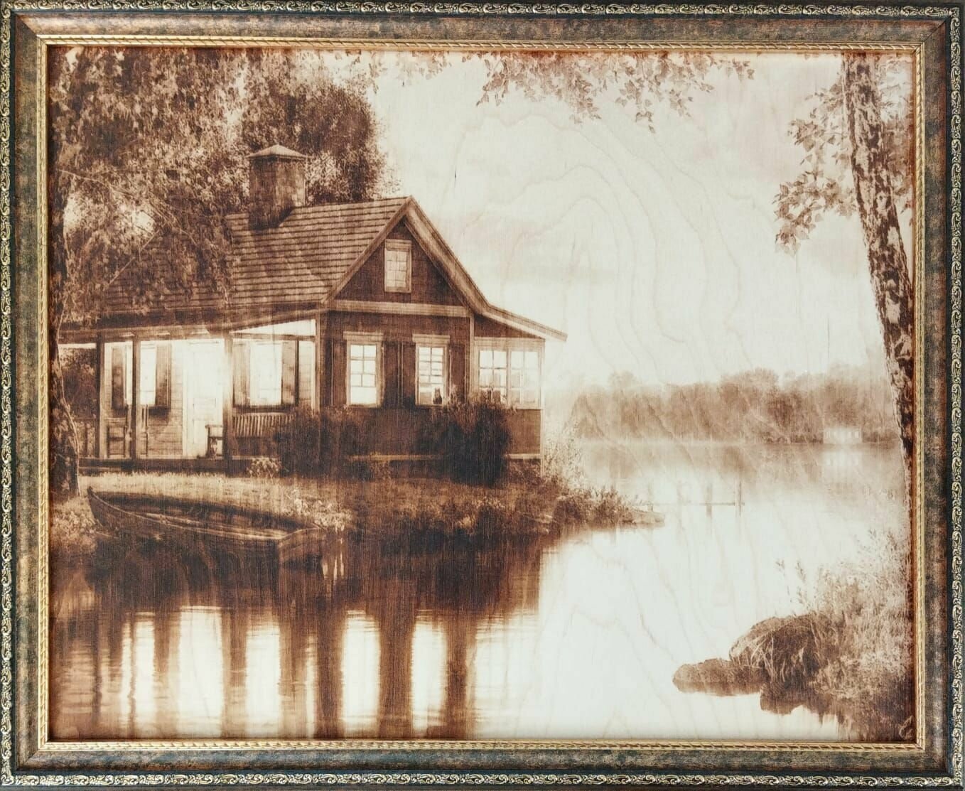 Красивая картина "Дом у реки 40*50см" на стену для интерьера в дом, выжженная на дереве.