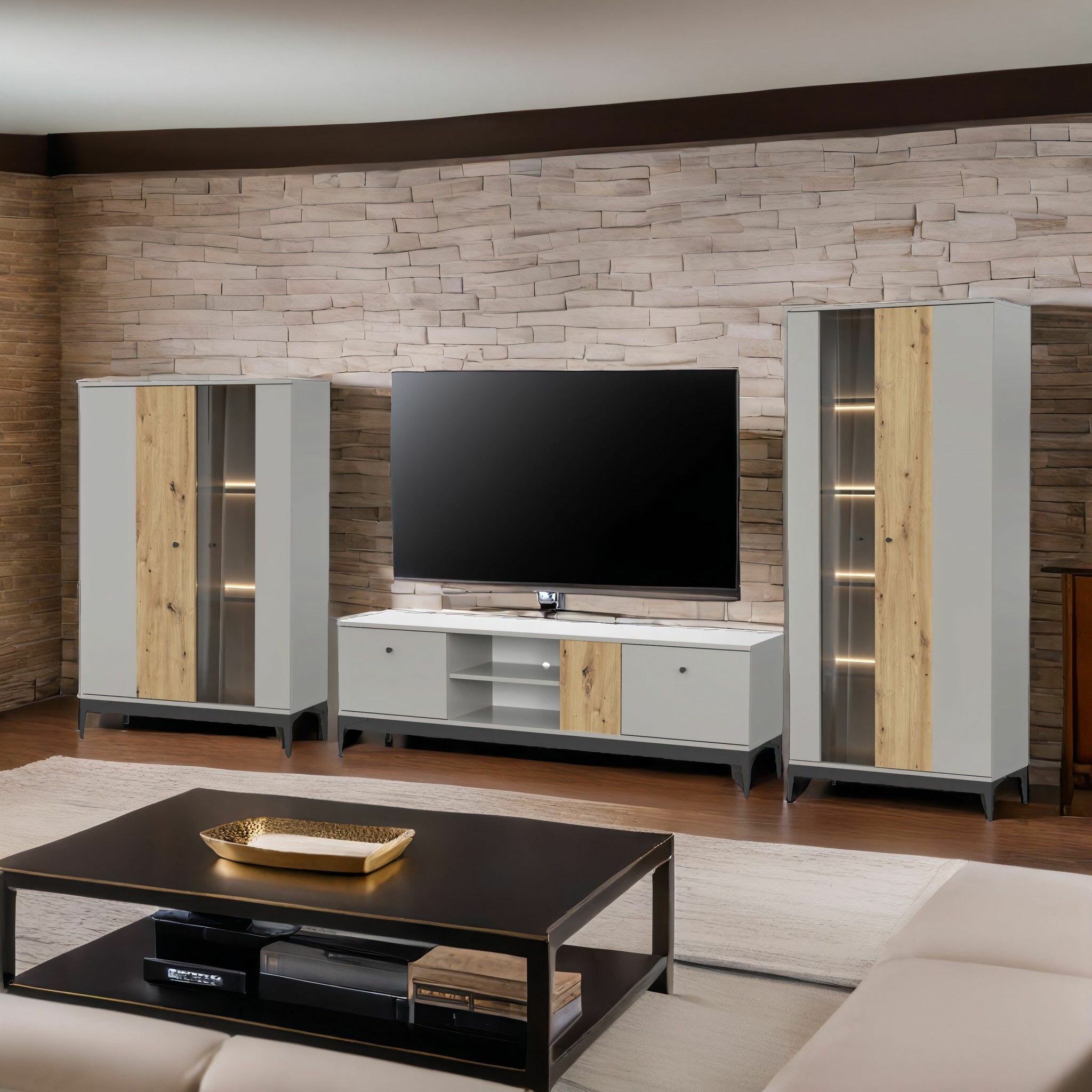 Комплект мебели для гостинной "Нордик4 ", Холодный серый, Дуб Артизан, без подсветки