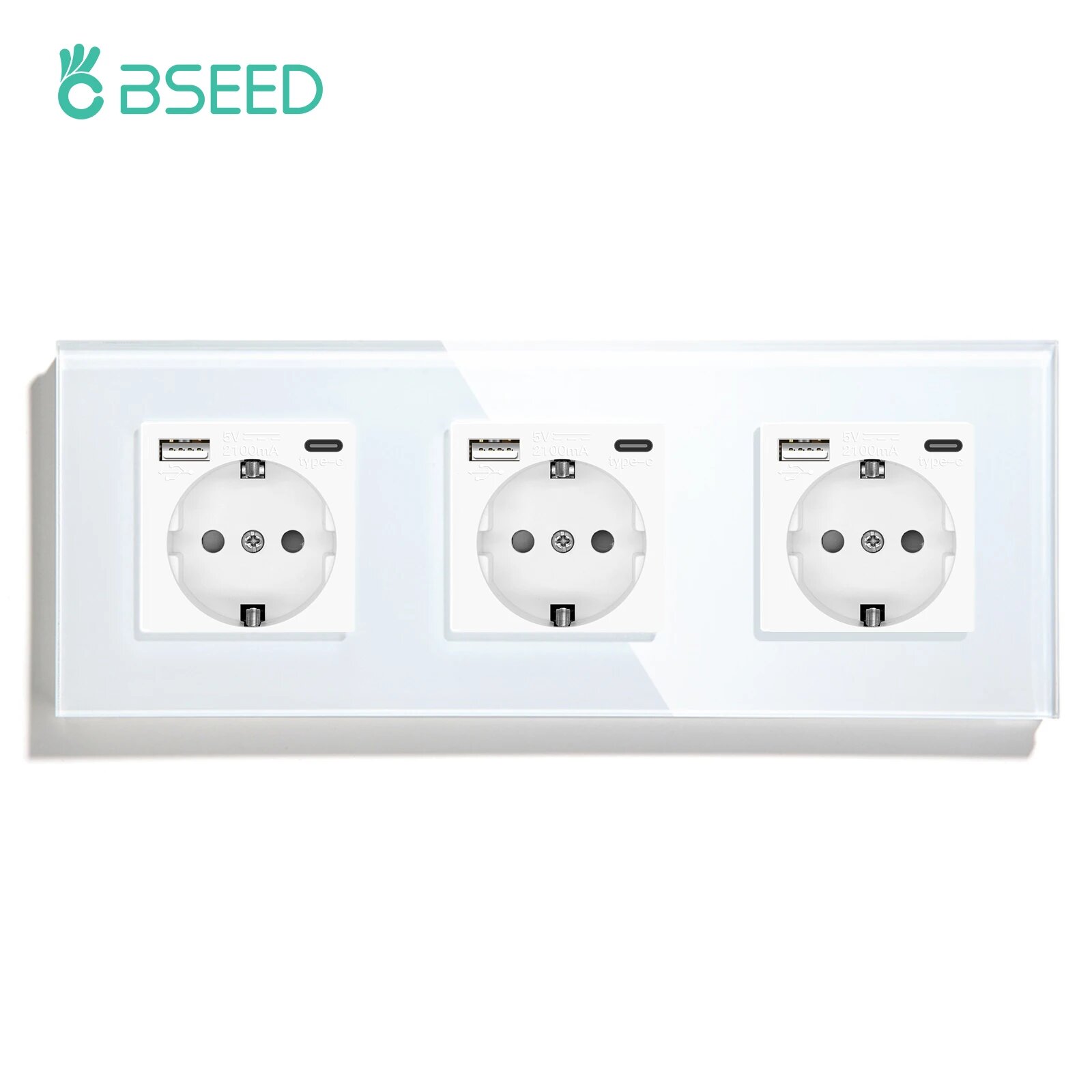 BSEED Тройные розетки из хрустального стекла с USB White Type-c Sockets