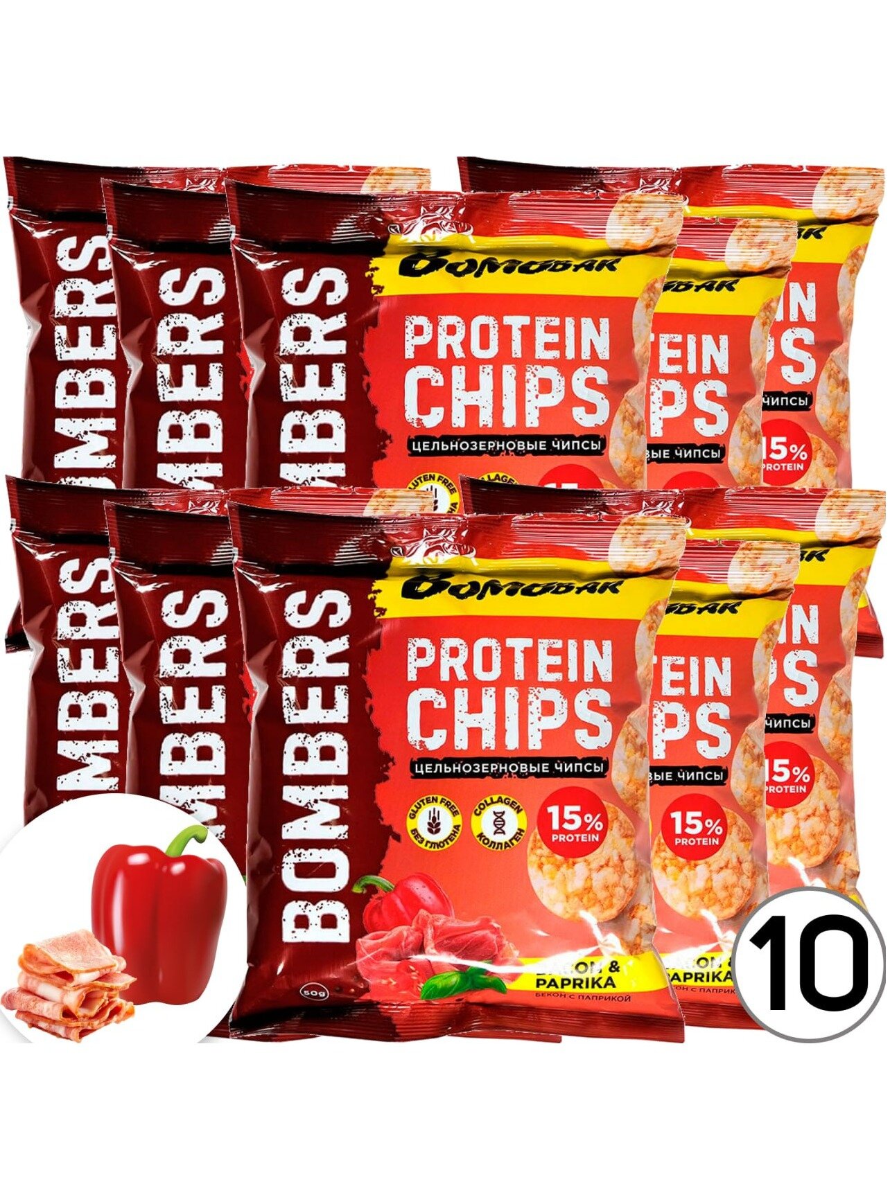Чипсы BombBar Protein Chips 10 x 50 г, Бекон с паприкой