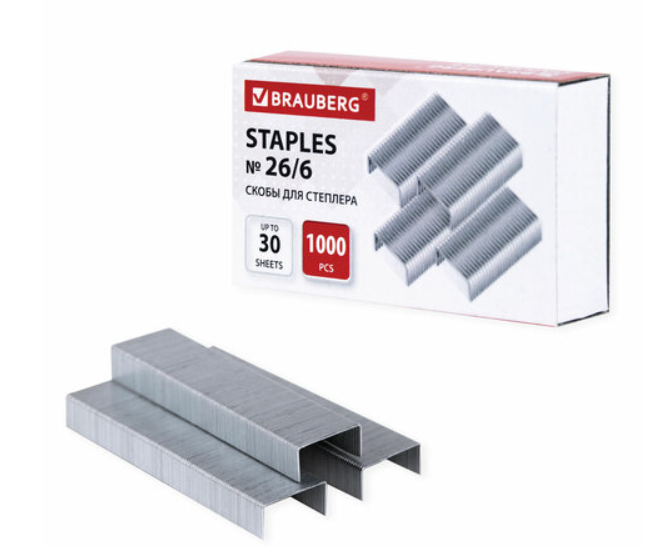 Скобы для степлера BRAUBERG № 26/6 (для степлеров 24/6), 1000 штук, экономичные, до 30 листов, 22597