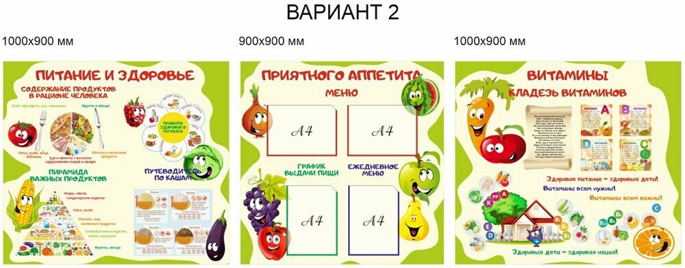 Стенд Комплект стендов Здоровое питание 1000 х 900 -2шт, 900 х 900 -1шт с карманами А4-4шт. - пластик 3мм