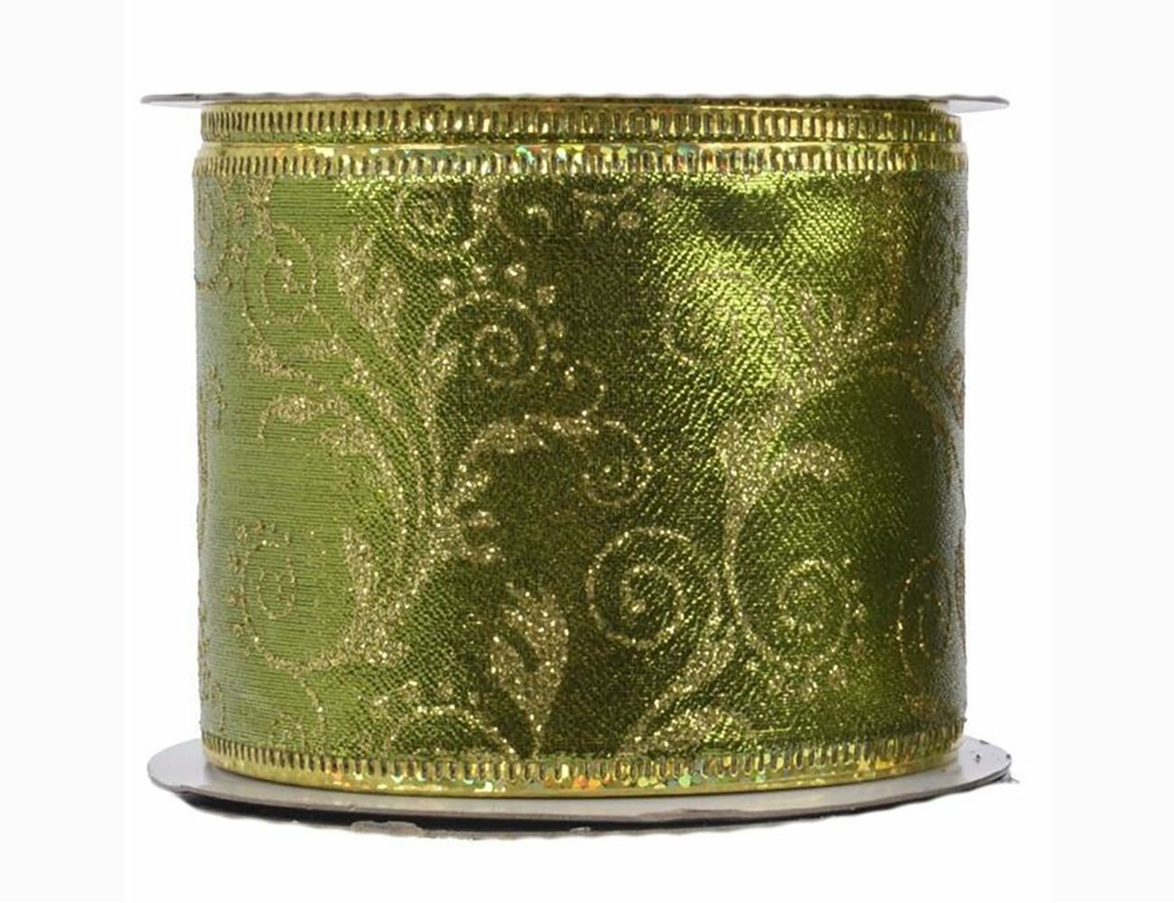 Лента для декорирования изящная - Цветочные Узоры, зелёный с золотым, 6x270 см, Kaemingk