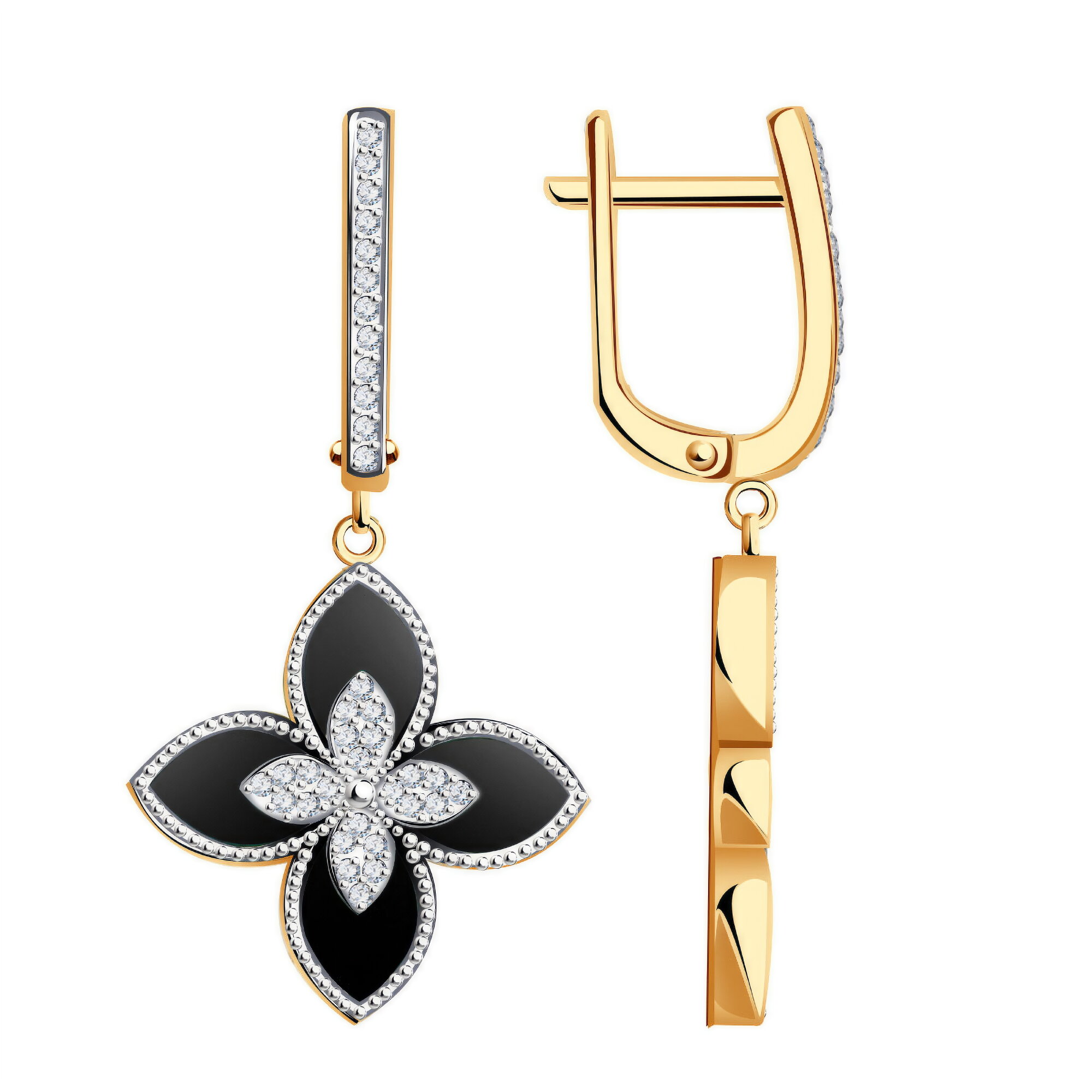 Серьги, красное золото, 585 проба, оникс, фианит