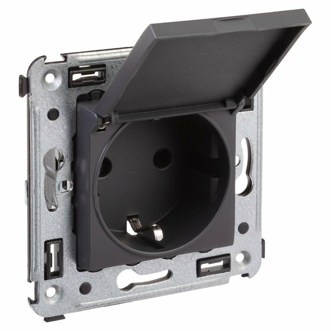 Механизм розетки с крышкой DKC Avanti 2P+E с заземлением и шторками "Черный матовый" 4412013