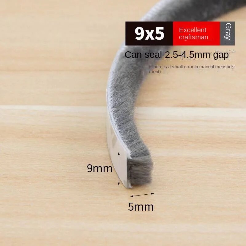 Самоклеящаяся щетина, шерстяной ворс, уплотнитель, щетка для двери, окна, уплотнитель Grey 9 x 5, 5M
